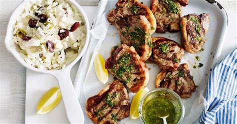 Lamb Loin Chops With Greek Salsa Verde And Creamy Olive And Feta Mash