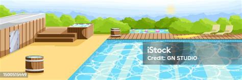 수영장이 있는 호텔의 전망 나무 테라스에 긴 의자가 있는 텅 빈 수영장 옆 수영장에 푸른 물이 있는 리조트 빌라 배경에 풍경입니다 럭셔리 홀리데이 포스터 플랫 벡터 그림 0