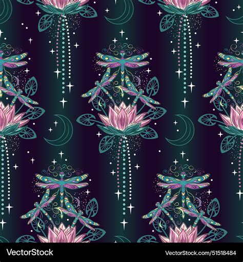 Mystical Pattern With Lotus Dragonflies Pixie Vector Image