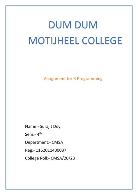R Programming Assignment Assignment For R Programming Name Surajit Dey Sem 4th Department