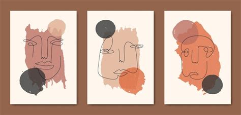 추상 현대 중반 세기 현대 얼굴 초상화 Boho 포스터 템플릿 컬렉션 프리미엄 벡터