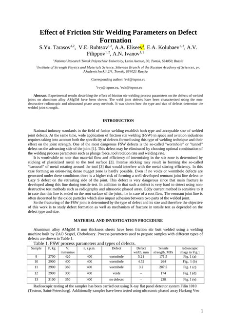 Pdf Effect Of Friction Stir Welding Parameters On Defect Formation