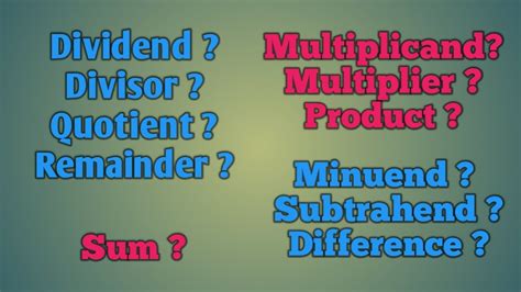 Addend Sum Minuend Subtrahend Difference Multiplier Multiplicand Product Dividend Divisor