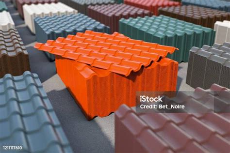 지붕 건설을위한 창고에서 다른 색상의 금속 타일 시트의 스택 0명에 대한 스톡 사진 및 기타 이미지 0명 3차원 형태 가리기 Istock
