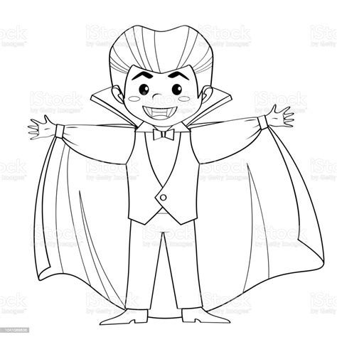 드라큘라 백작입니다 뱀파이어입니다 할로윈 의상에서 소년입니다 색칠에 대 한 흑인과 백인 벡터 일러스트 레이 션 컬러링 북 페이지 일러스트레이션 기법에 대한 스톡 벡터 아트