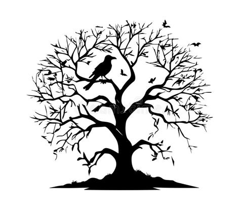 Silhouette Of A Spooky Tree With Twisted Branches And A Crow Perched On Top Stock Vector