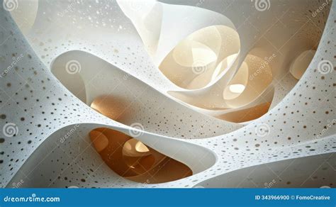 Abstract Architectural Design With Perforated White Surface And Interconnected Curved Cavities