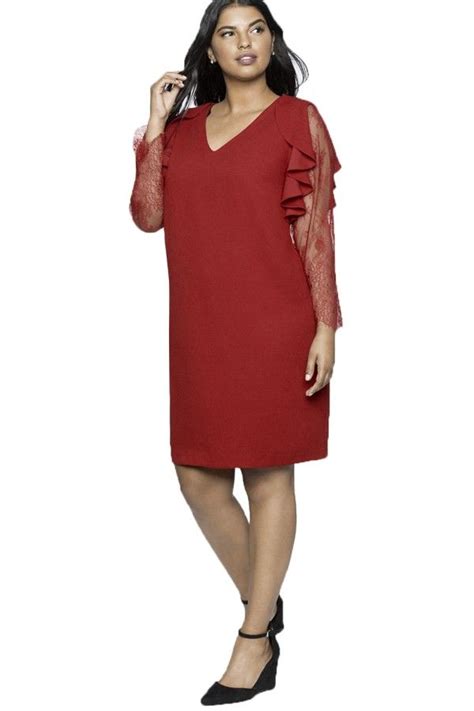 Red Ruffle Trim Lace Sleeve Plus Size Shift Dress Etuikleid Kleider Frau Stil