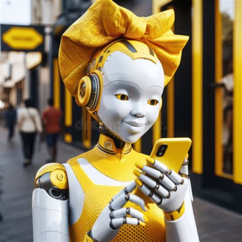 Happy Young Smiling Female Robot Or Android Dressed In Canary Yellow