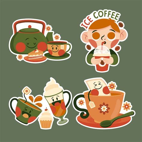 어린애 같은 차와 커피 스티커 컬렉션 프리미엄 벡터