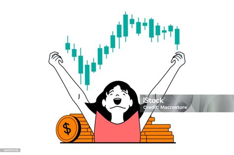 플랫 웹 디자인에서 사람들 장면과 주식 거래 개념 성공적인 투자를 하고 돈을 벌고 이익을 얻는 여성 소셜 미디어 배너 마케팅 자료에 대한 벡터 그림입니다 증권 시장과