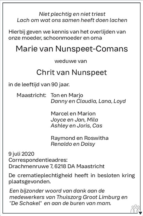 Marie Van Nunspeet Comans 09 07 2020 Overlijdensbericht En Condoleances Mensenlinqnl