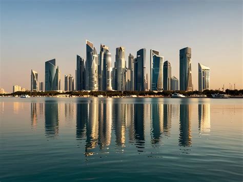 A City Skyline With A Reflection Of A City In The Water Premium Ai