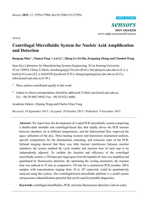 Pdf Centrifugal Microfluidic System For Nucleic Acid Ampliﬁcation And