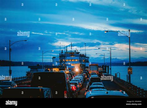 An Evening Ferry Is Full Of Cars Puget Sound WA Stock Photo Alamy