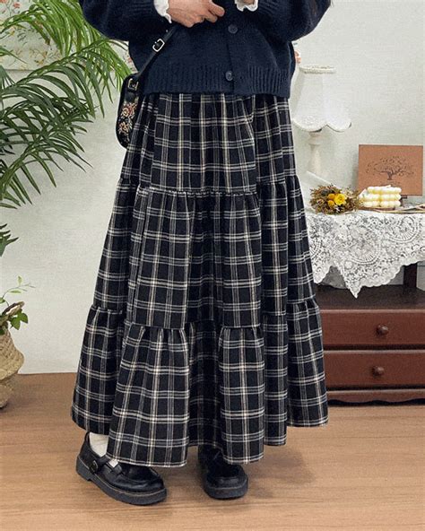 허리밴딩 두나 체크 롱스커트 캉캉 치마 빅사이즈 에이블리