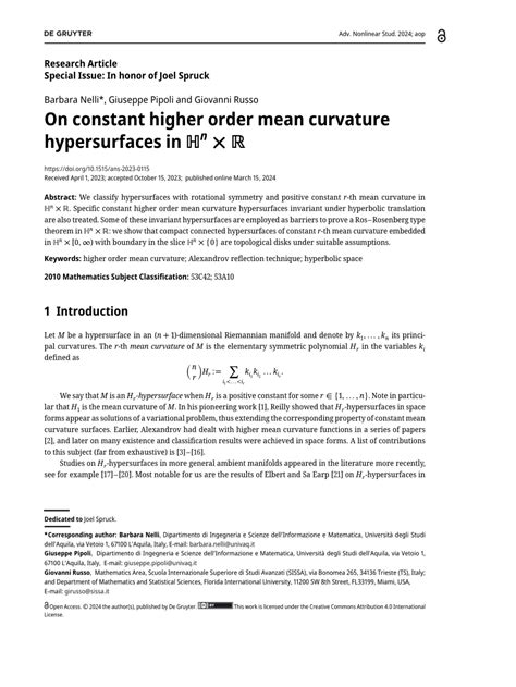 Pdf On Constant Higher Order Mean Curvature Hypersurfaces In H N × R { Mathbb{h}} {n}{ Times
