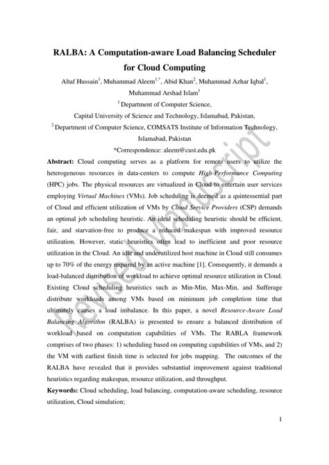 Pdf Ralba A Computation Aware Load Balancing Scheduler For Cloud Computing