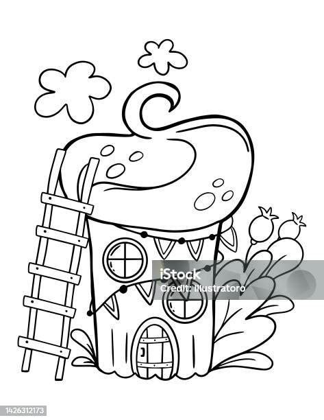 아이들을위한 색칠 공부 페이지 인쇄 디자인을위한 흰색 배경에 마법의 집이있는 판타지 라인 아트 그림 컬러링 북 페이지 일러스트레이션 기법에 대한 스톡 벡터 아트 및 기타