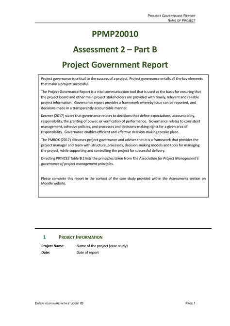 Ppmp2001 0 Assessment 2 Project Governance Report Template Project Governance Report Name