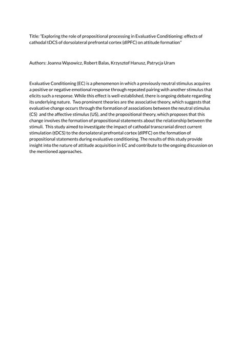 Pdf Title Exploring The Role Of Propositional Processing In Evaluative Conditioning Effects