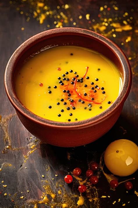 Bright Yellow Soup With Black And Orange Ingredients Stock Illustration