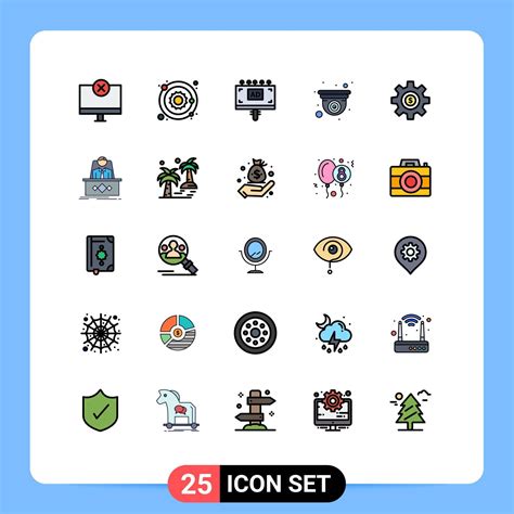 Group Of 25 Modern Filled Line Flat Colors Set For Cog Design Sun Camera Signboard Editable