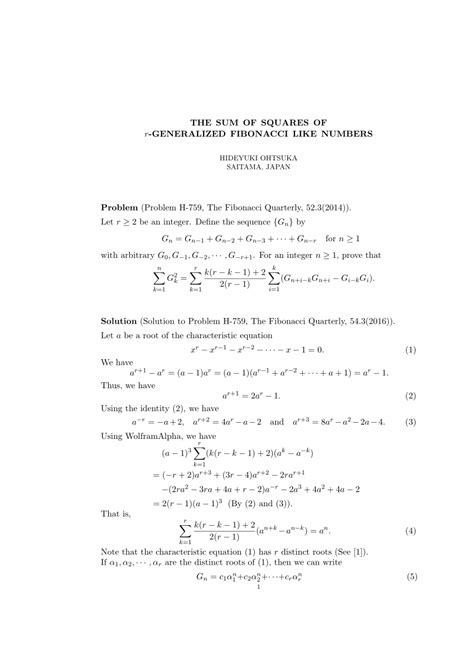 Pdf The Sum Of Squares Of R Generalized Fibonacci Like Numbers