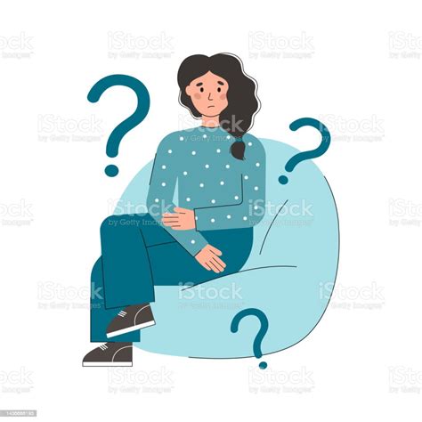 물음표가있는 가방 의자에 앉아있는 생각하는 여성 자주 묻는 질문 의심 문제 호기심 혼란스러운 개념 흰색 배경에 격리된 벡터 플랫 일러스트 레이 션 개념에 대한 스톡 벡터
