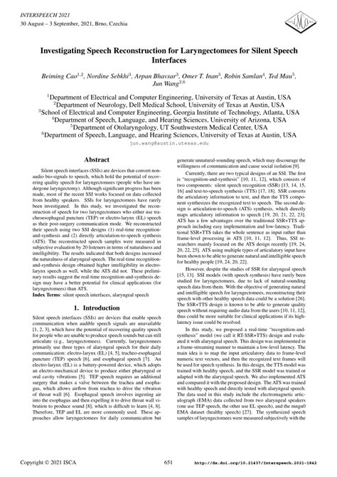 Pdf Investigating Speech Reconstruction For Laryngectomees For Silent Speech Interfaces