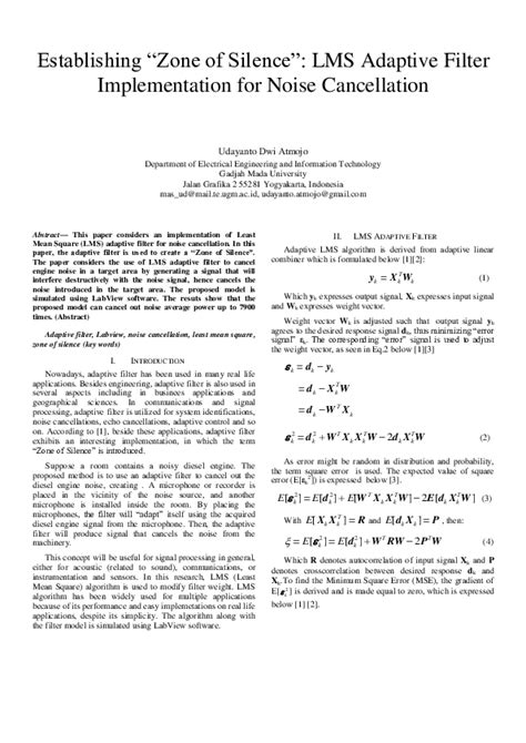 Pdf Establishing “zone Of Silence” Lms Adaptive Filter