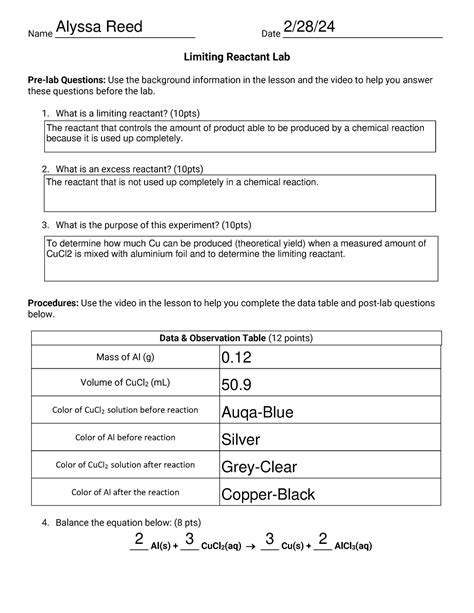 Limiting Reactant Lab Chem 101 Pre Lab Procedures Guide Studocu