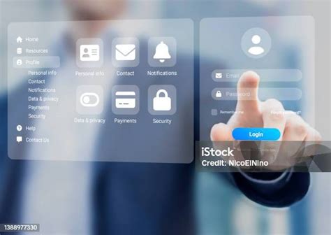 온라인 프로필 계정에 액세스하려면 암호가 있는 로그인 페이지입니다 인터넷에서 보안 연결 및 개인 데이터 보안 사이버 보안 및 로그인 양식 사용자가 가상 화면을 만지고