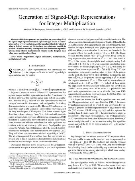 Pdf Generation Of Signed Digit Representations For Integer Multiplication