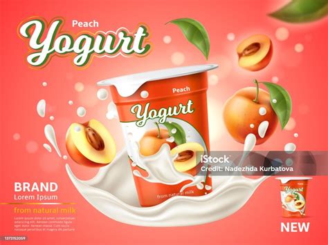사실적인 요구르트 포스터 우유 프로바이오틱 제품 광고 배너 복숭아 발효 디저트 천연 건강 과일 유제품 크림 스플래시와 잎 푸드
