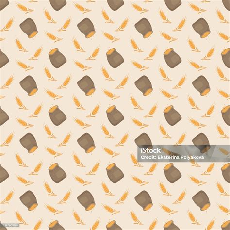 배경에 밀과 자루의 황금 귀가있는 완벽한 패턴 밀가루와 곡물을 만들고 빵을 굽고 다른 식품을 만들기 위해 곡물을 인쇄하십시오 벡터 플랫 일러스트 레이 션 가방에 대한 스톡