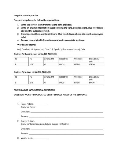 Irregular Preterit Questions Practice Teaching Resources