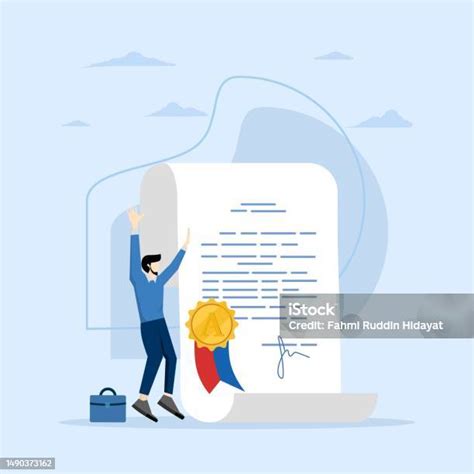 수강 증명서 면허 스탬프 또는 교육 인증 보증 우수 작품 또는 졸업장 문서 경력 성취에 대한 스타 인증서와 함께 행복한 사업가 증명서에 대한 스톡 벡터 아트 및 기타 이미지