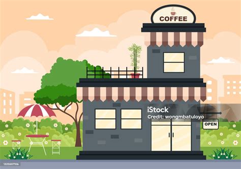 오픈 보드 나무 건물 가게 외관커피숍 일러스트레이션 플랫 디자인 컨셉 거리에 대한 스톡 벡터 아트 및 기타 이미지 거리 음식 가구 Istock