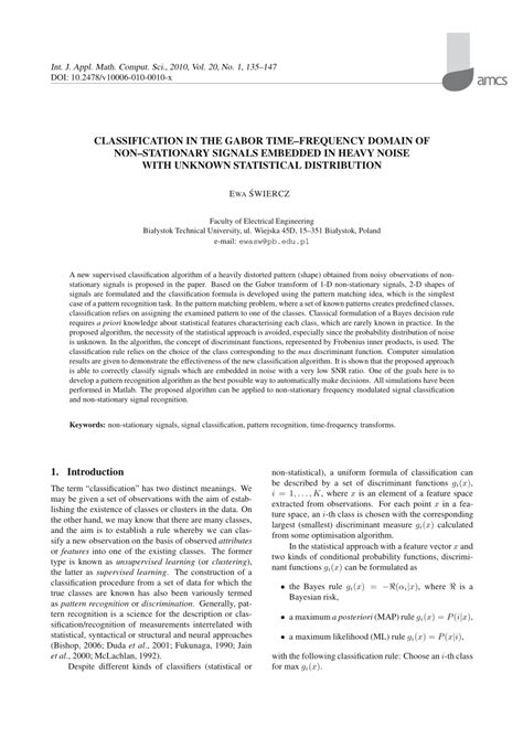Pdf Classification In The Gabor Time Frequency Domain Of Non Stationary Signals Embedded In