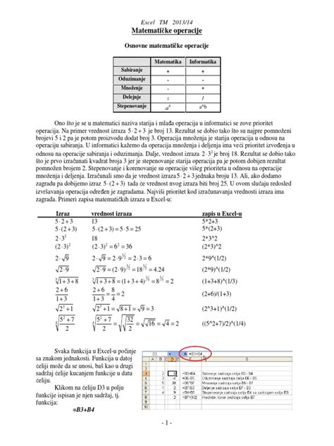 Excel Cas 05 Osnovne Matematicke Operacije Pdf