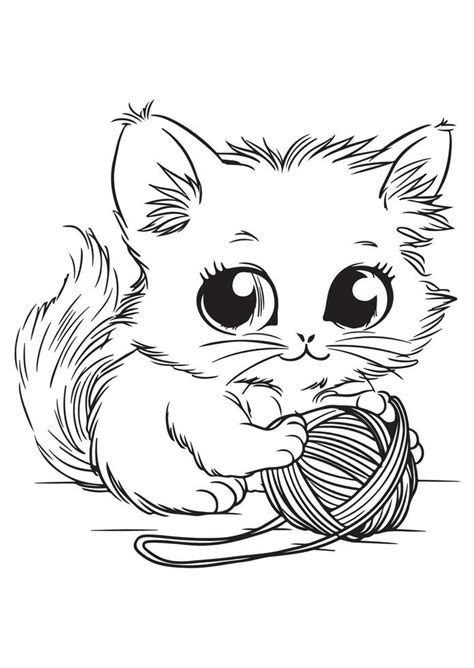 Cute Kawaii Fluffy Cat Playing With Yarn Ball Coloring Page Enjoyable And Relaxing Coloring Fun