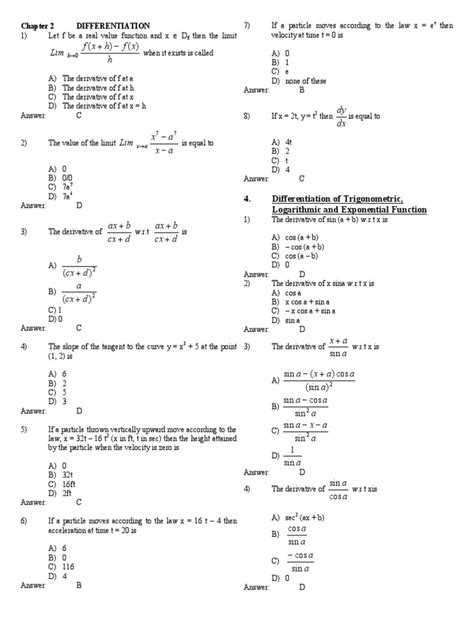 2nd Year Differentiation Mcqs With Answers Pdf Maxima And Minima