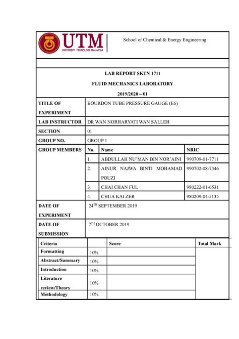 Fluid Full Report E6 LAB REPORT SKTN 1711 FLUID MECHANICS LABORATORY 2019 2020 01 TITLE OF