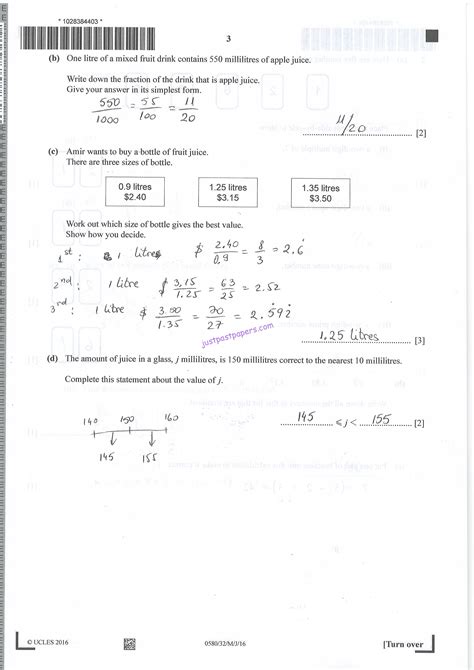 Cie 0580 Mathematics Core Igcse Paper 3 May June 2016 Answers