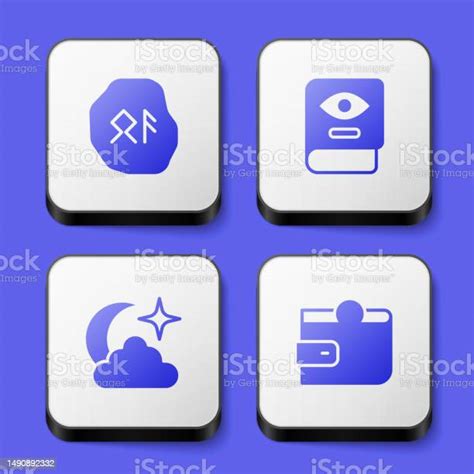 마법 룬 고대 마법 책 달과 별 지갑 아이콘을 설정합니다 흰색 사각형 버튼입니다 벡터 가득 찬에 대한 스톡 벡터 아트 및 기타 이미지 Istock