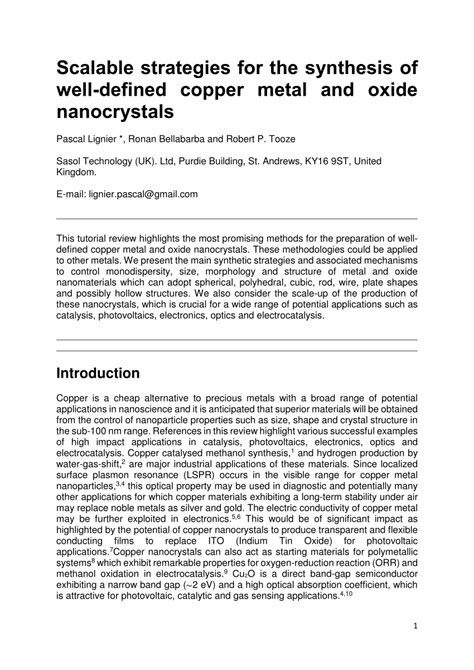 Pdf Cheminform Abstract Scalable Strategies For The Synthesis Of Well Defined Copper Metal
