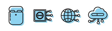 세트 라인 글로벌 기술 또는 소셜 네트워크 상자에 에어 헤드폰 원격 제어 및 사물 인터넷 아이콘 벡터 0명에 대한 스톡 벡터 아트 및 기타 이미지 Istock