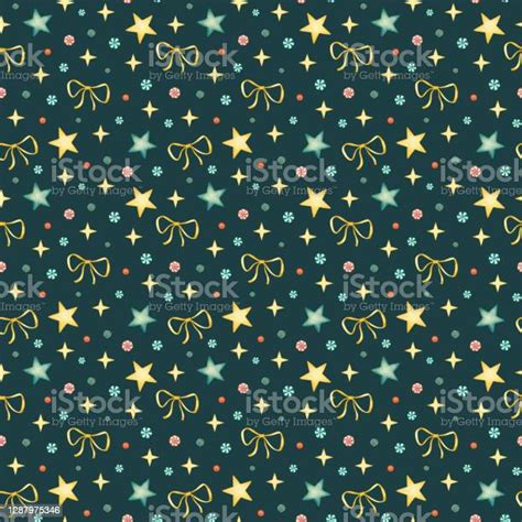 수채화 전통적인 크리스마스 녹색 노란색 축제 요소와 원활한 패턴 골드 리본 활 별 색종이 홀리데이 핸드 그린 배경 0명에 대한 스톡 벡터 아트 및 기타 이미지 Istock