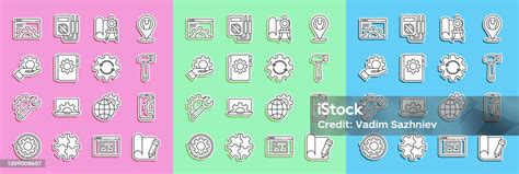 세트 라인 그래프 용지와 연필 스마트 폰 망치 나침반 사용자 설명서 손 설정 브라우저 설정 및 기어 화살표 워크플로 아이콘에